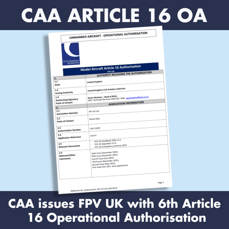 CAA issue 6th annual Article 16 Operational Authorisation - FPV UK